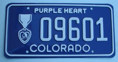 COLORADO COMBAT WOUNDED PURPLE HEART LICENSE PLATE " 09601 " CO ...