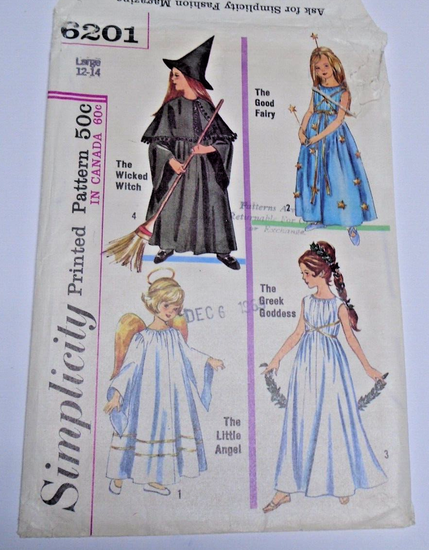 Simplicity 6201 Girl Witch, Fairy, Angel, Toga Sew Pattern: Large, 1969 ...