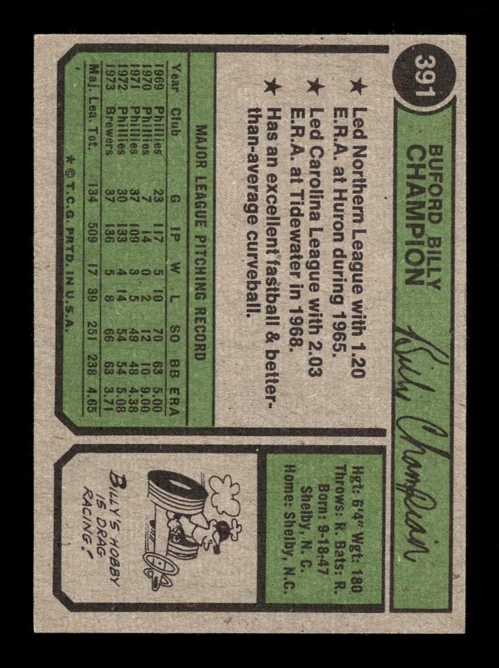 1974 Topps #391 Billy Champion Milwaukee Brewers VG-EX+ Baseball Card ...