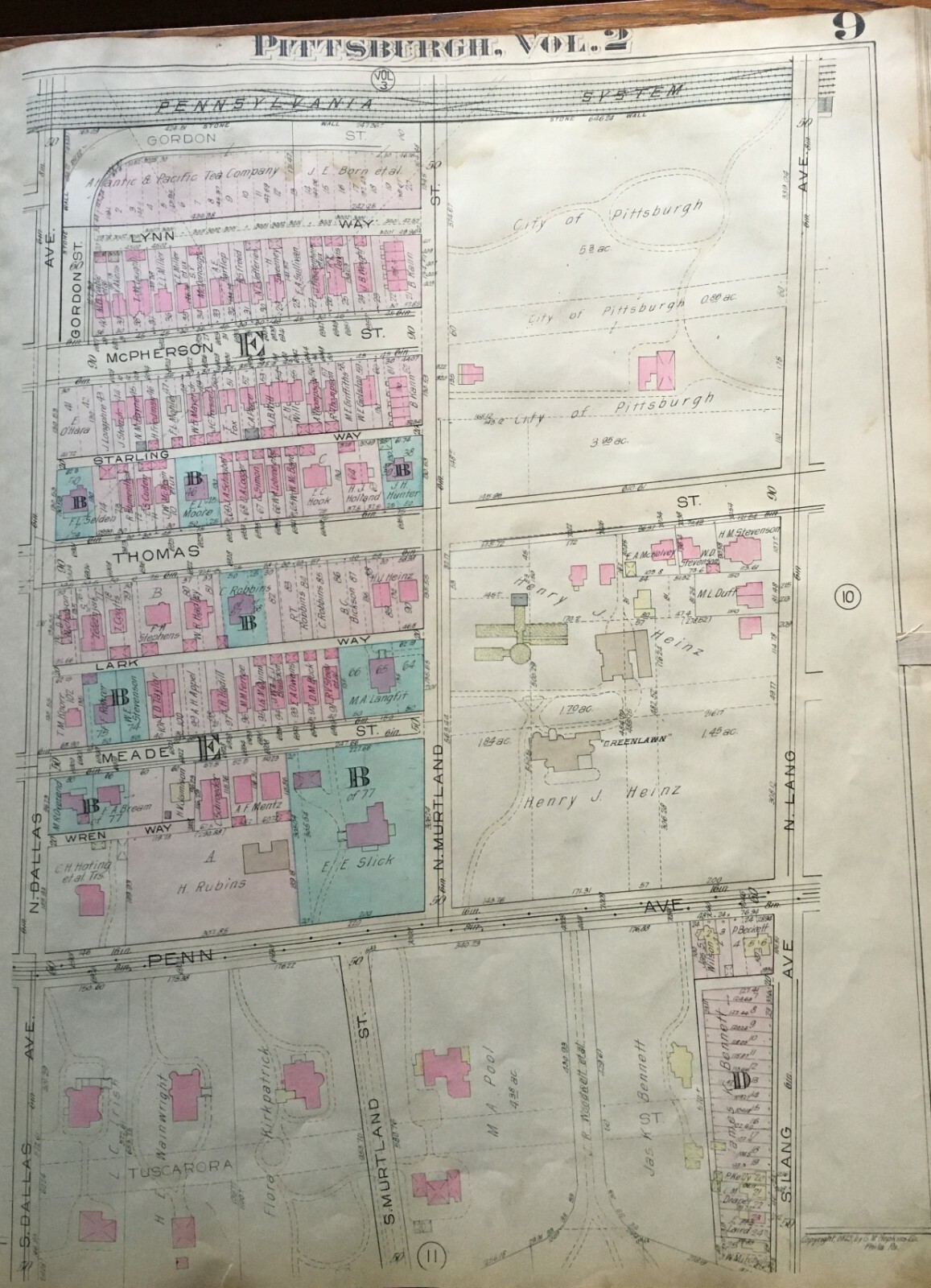 1923 PITTSBURGH PENNSYLVANIA HENRY J HEINZ ESTATE "GREENLAWN" ATLAS MAP ...