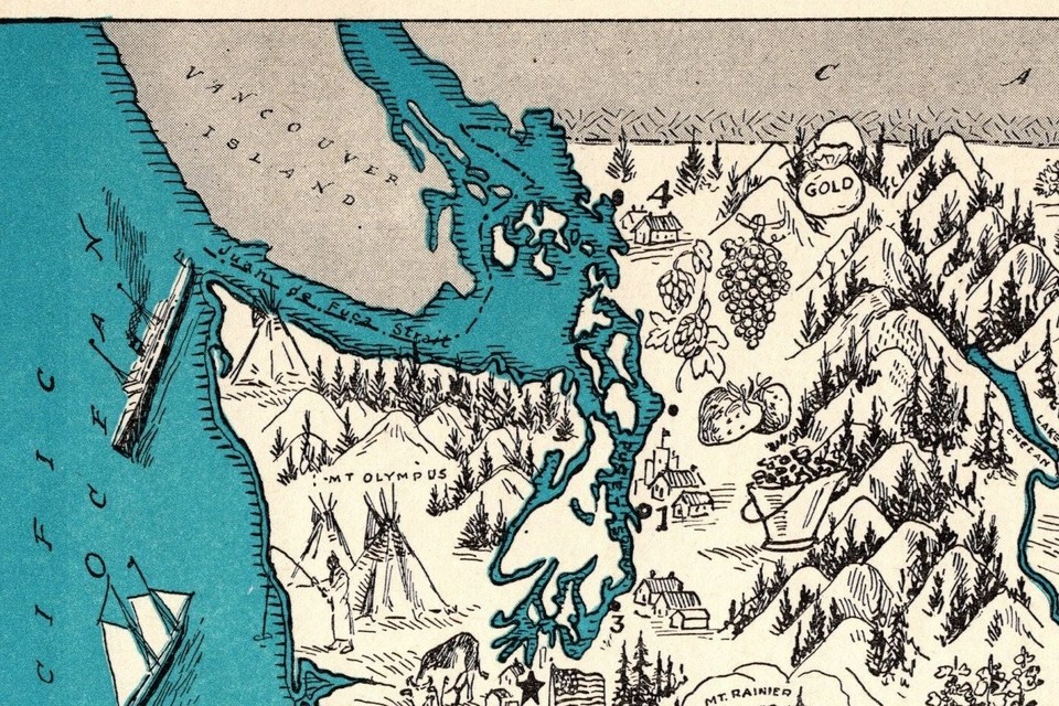 1930s Antique Washington State Map Animated Picture Map of Washington ...