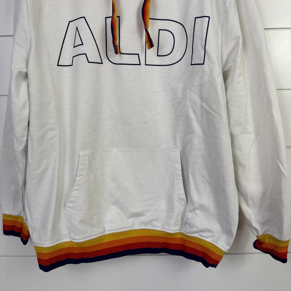 Adult Unisex ALDI Rainbow Logo Hoodie Pullover Sweatshirt White sz L ...