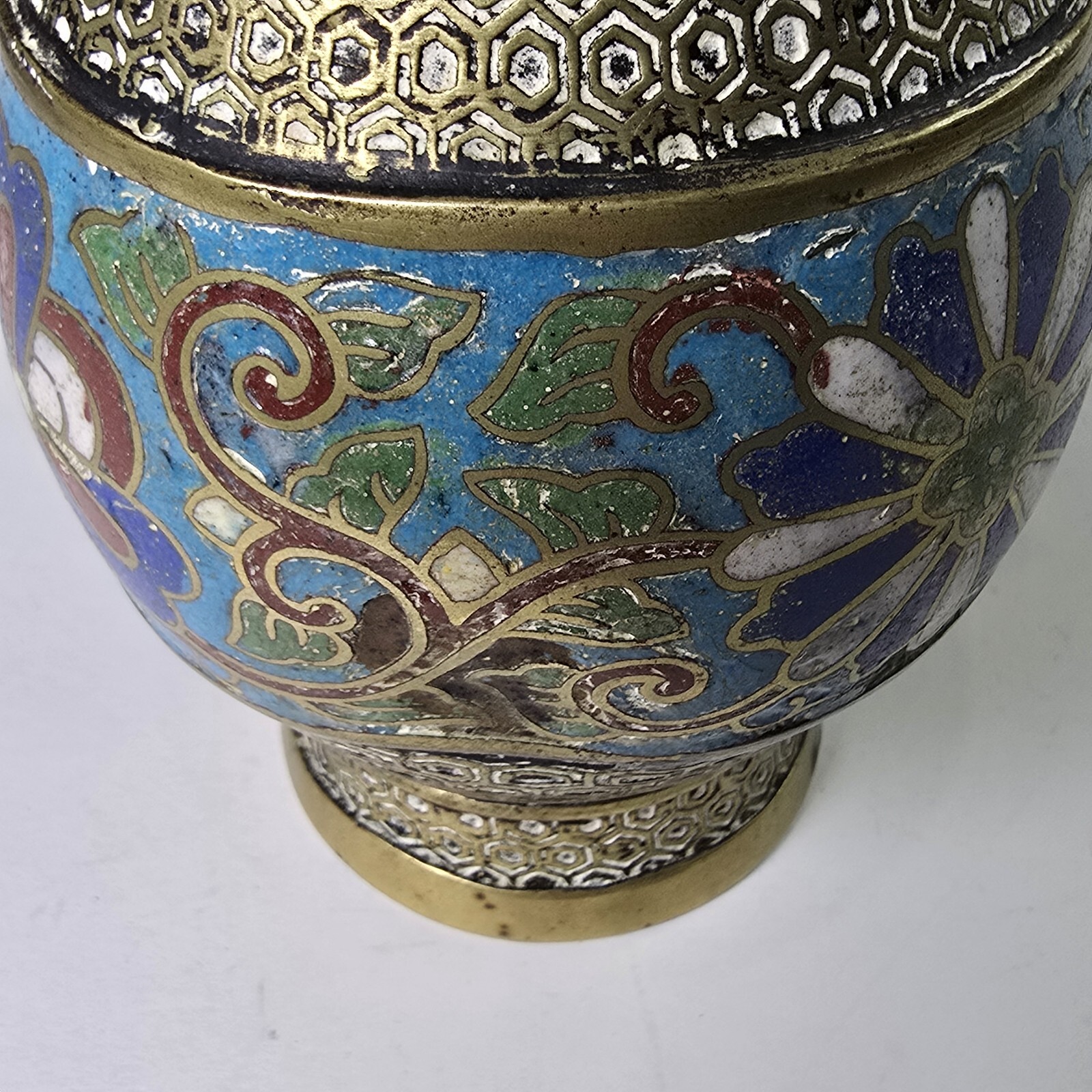 Champleve Vase 7" high w Vibrant Enamel Colors Brass Blue Red Flowers ...
