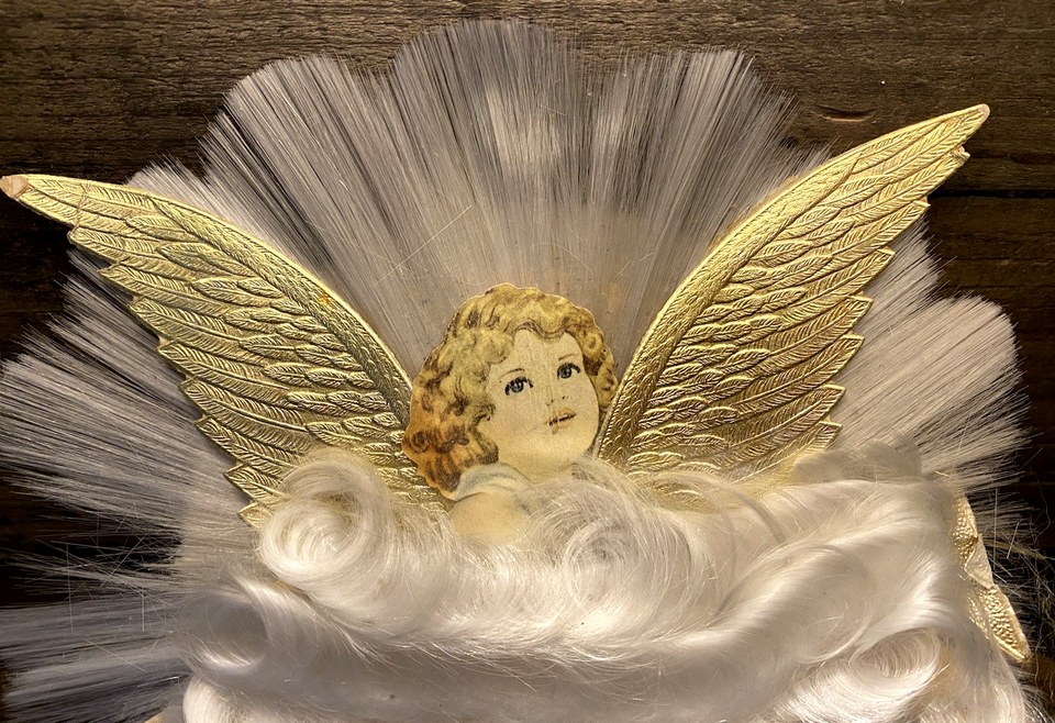 VINTAGE NATIONAL TINSEL SPUN GLASS ANGEL TREE TOPPER SCRAP PAPER FACE ...