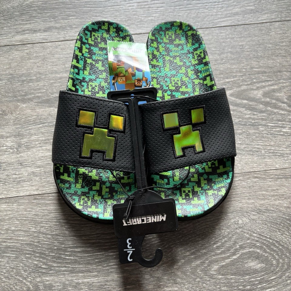 NWT Minecraft Youth Boys Slip On Slide Sandal Black & Green Size 2-3 | eBay