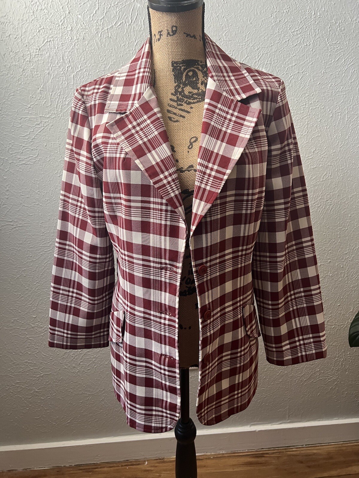 1970s Vintage Retro Plaid Blazer Checked Maroon 70s 6… - Gem