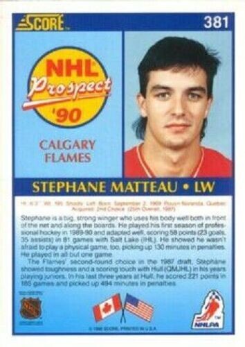 1990 SCORE NHL HOCKEY Prospect Card #381 - Stephane Matteau, Calgary ...