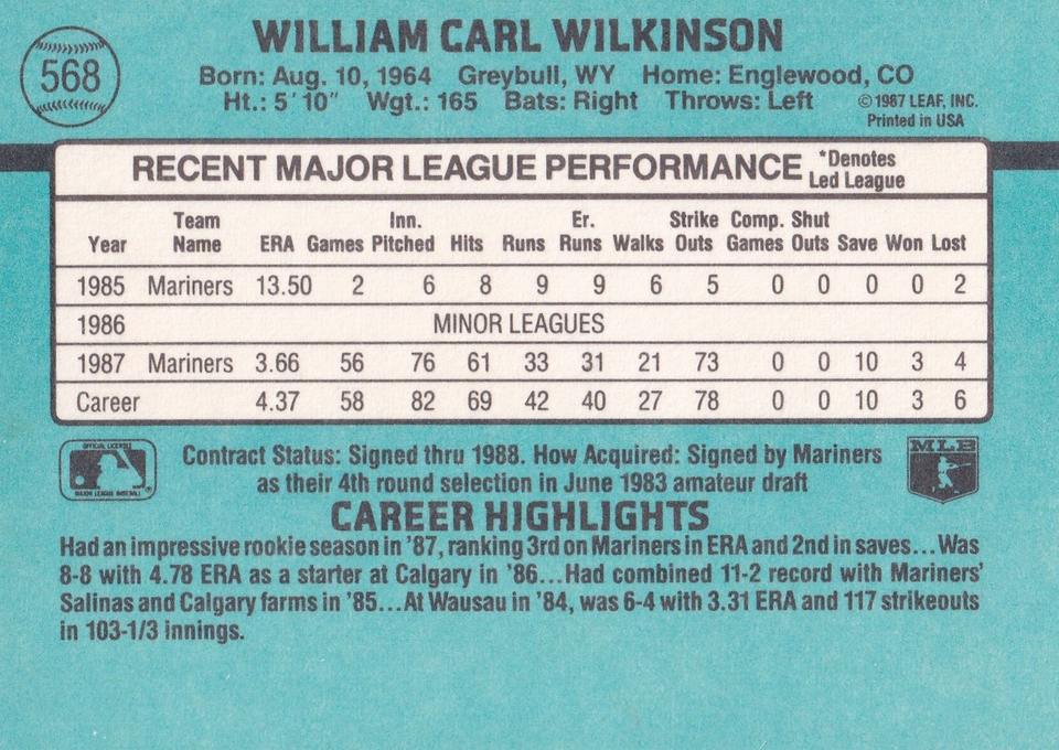 1988 Donruss #568 Bill Wilkinson Seattle Mariners + (Yes 3 Free Mystery ...