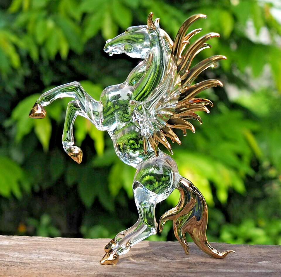 Pegasus Horse figure hand blown art glass figurine gold trim 5in Myth ...