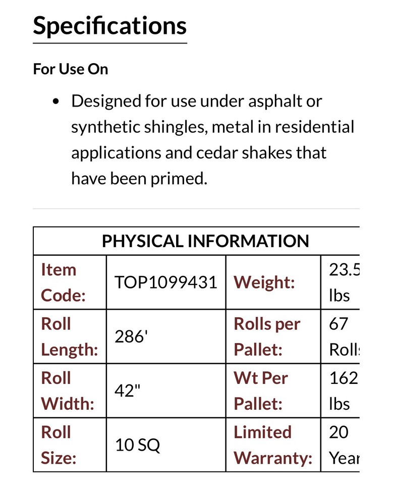 Top shield TS20 Synthetic Roofing Underlayment 42” X 286’ 10 Squares New | eBay
