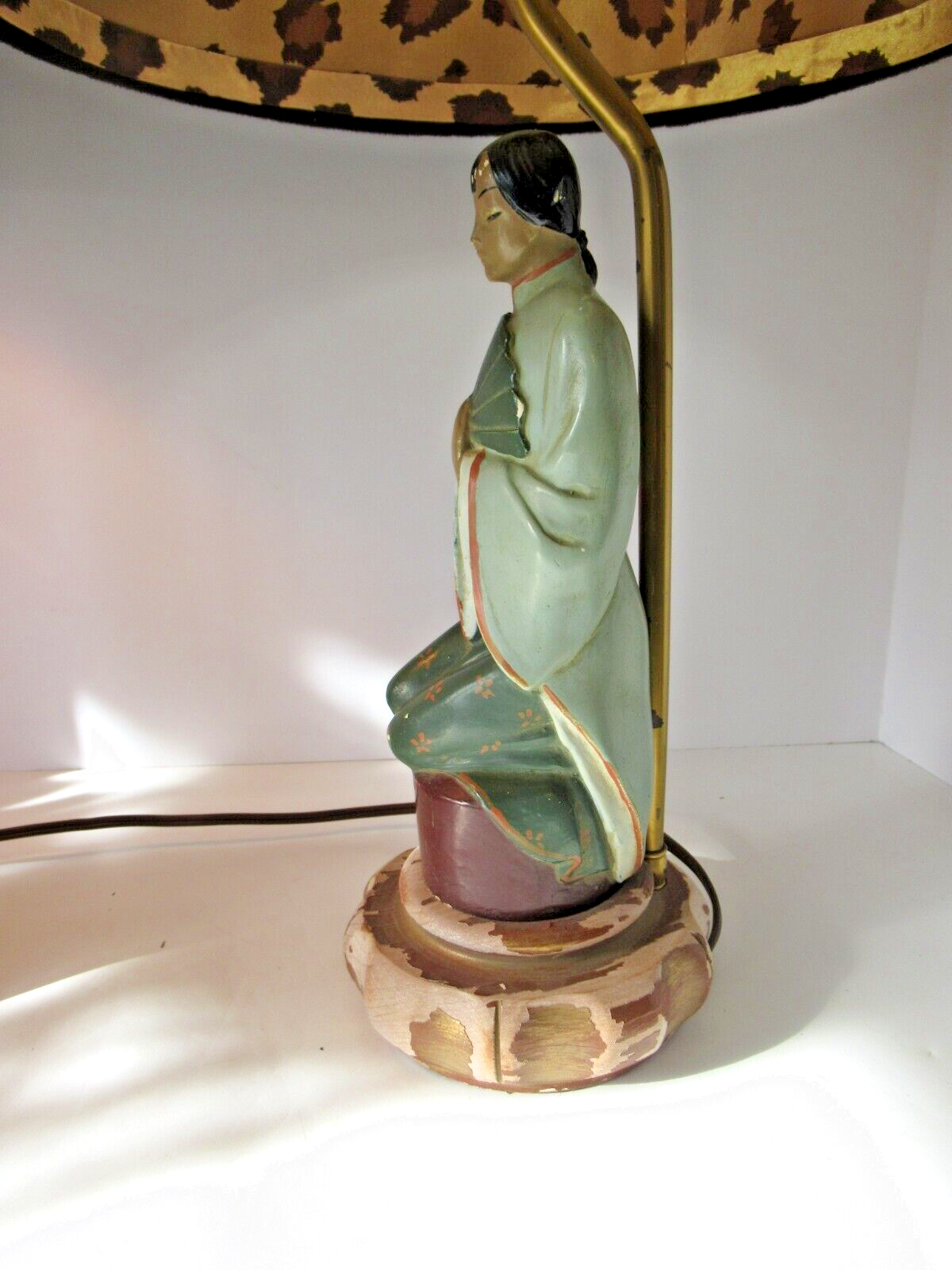 Vintage 1950s Asian figural lamps pair green robes ultrasuede leopard ...