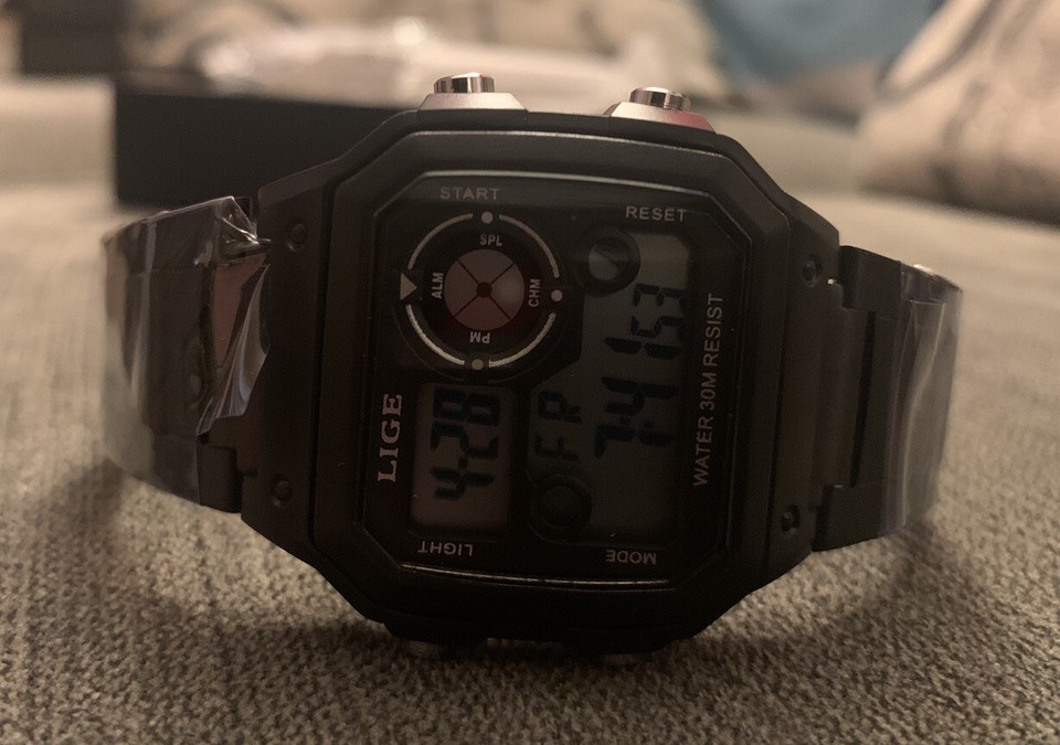 LIGE Brand Mens Digital Watch Casio Homage Stainless Steel Square Dial ...