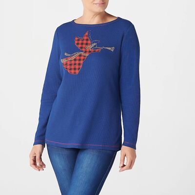 Quacker Factory Size 1X Blue Waffle Knit Top with Plaid Motif Detail | eBay