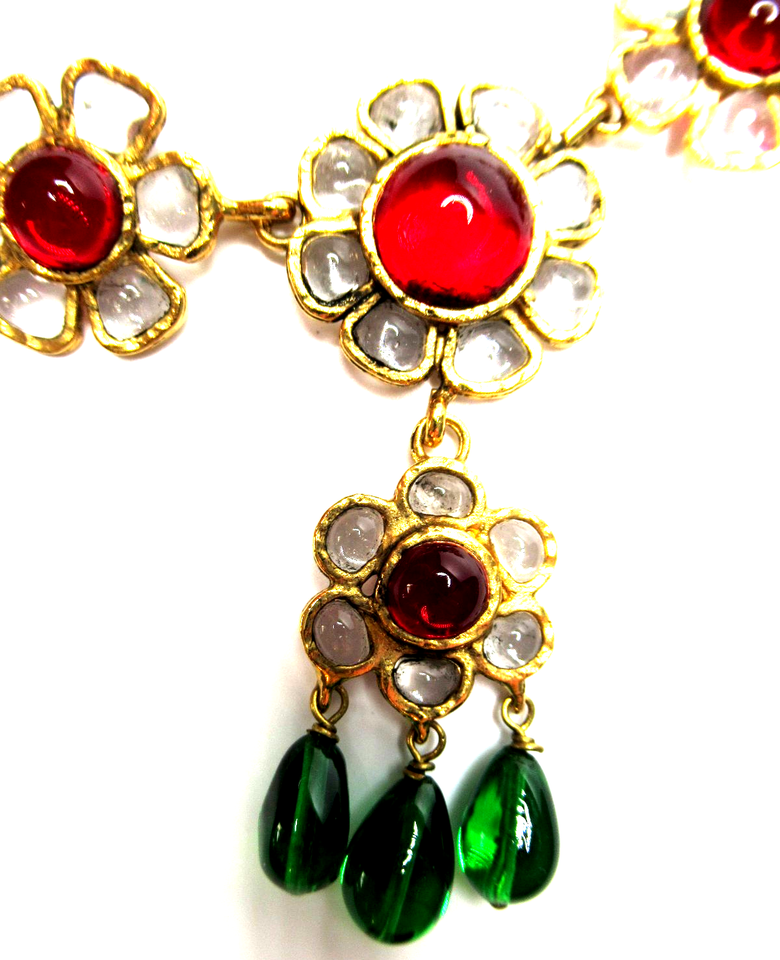 French Gripoix Poured Glass Pâte de Verre Red Green Flower Vintage ...