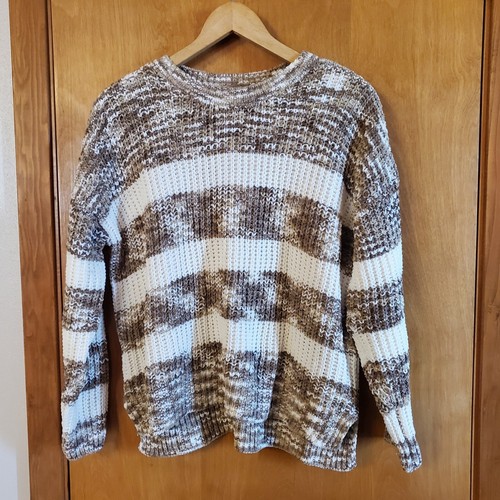 SO Chunky Knit Striped Crewneck Sweater Long Sleeve Cream/Brown Size XL ...
