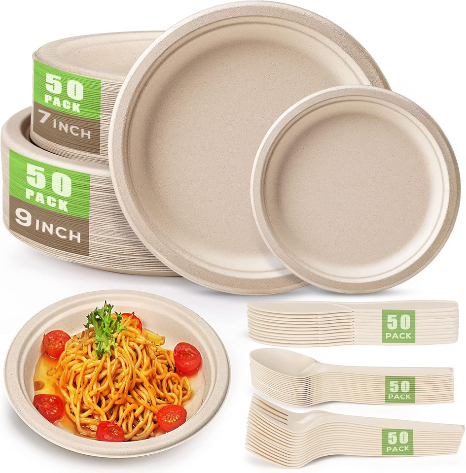 250Pcs Disposable Paper Plates Set, Compostable Plate Sugarcane ...