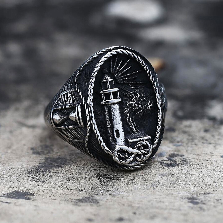 Vintage Nautical Lighthouse Ring Stainless Steel Ship Rope Hourglass ...