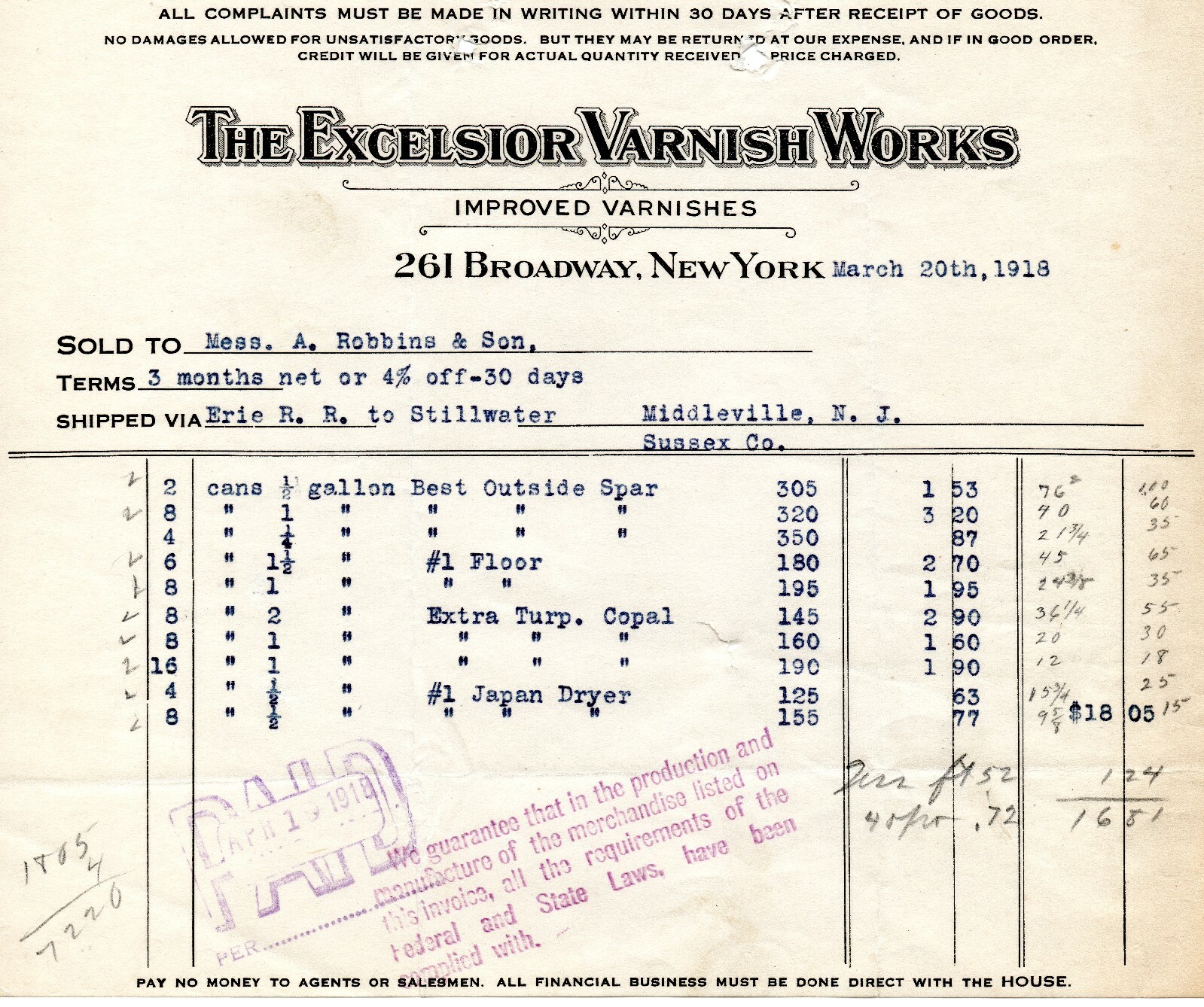 March 20th, 1918 The Excelsior varnish Works original paper invoice | eBay