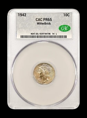 1942 Proof Mercury Dime 10c CAC PR65, WitterBrick Silver Label Toned ...