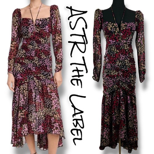 ASTR The Label Athena Midi Dress Floral Black Puff Sleeve Coquette ...