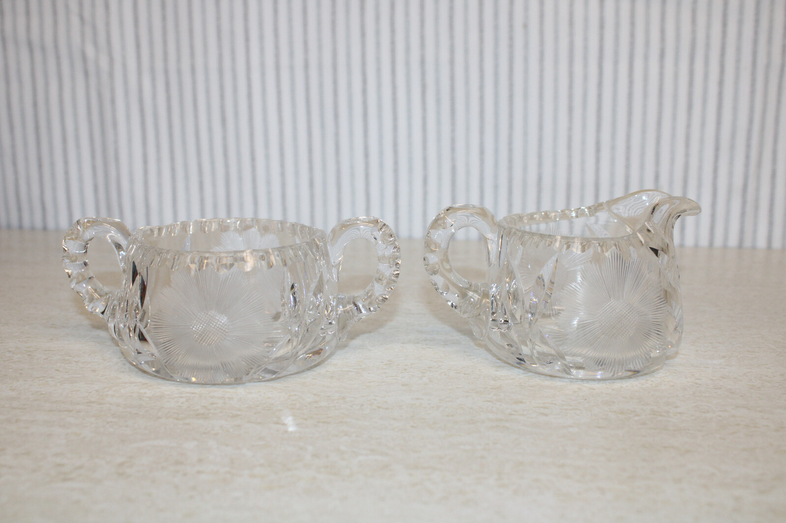 Vintage Thick Lead Crystal Cream Pitcher & Sugar Bowl w/Etched Floral ...