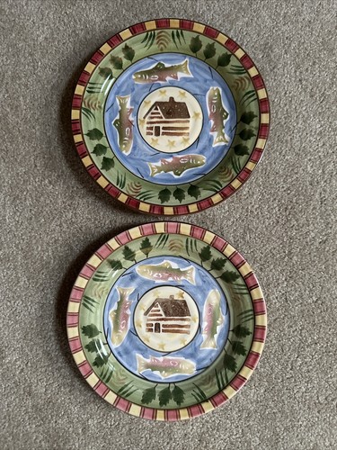 Timberline by Bella SALAD PLATE 8 1/2" SET / 2 Plates - Log Cabin, Fish ...