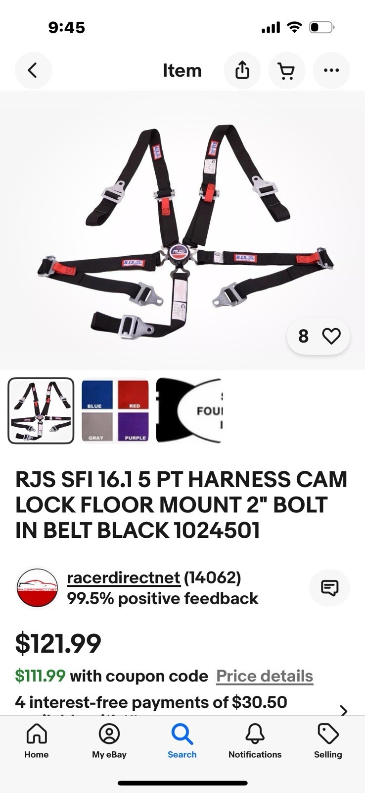 RJS SFI 16.1 CAM LOCK 5 POINT RACING HARNESS BELT V ROLL BAR BOLT BLACK ...