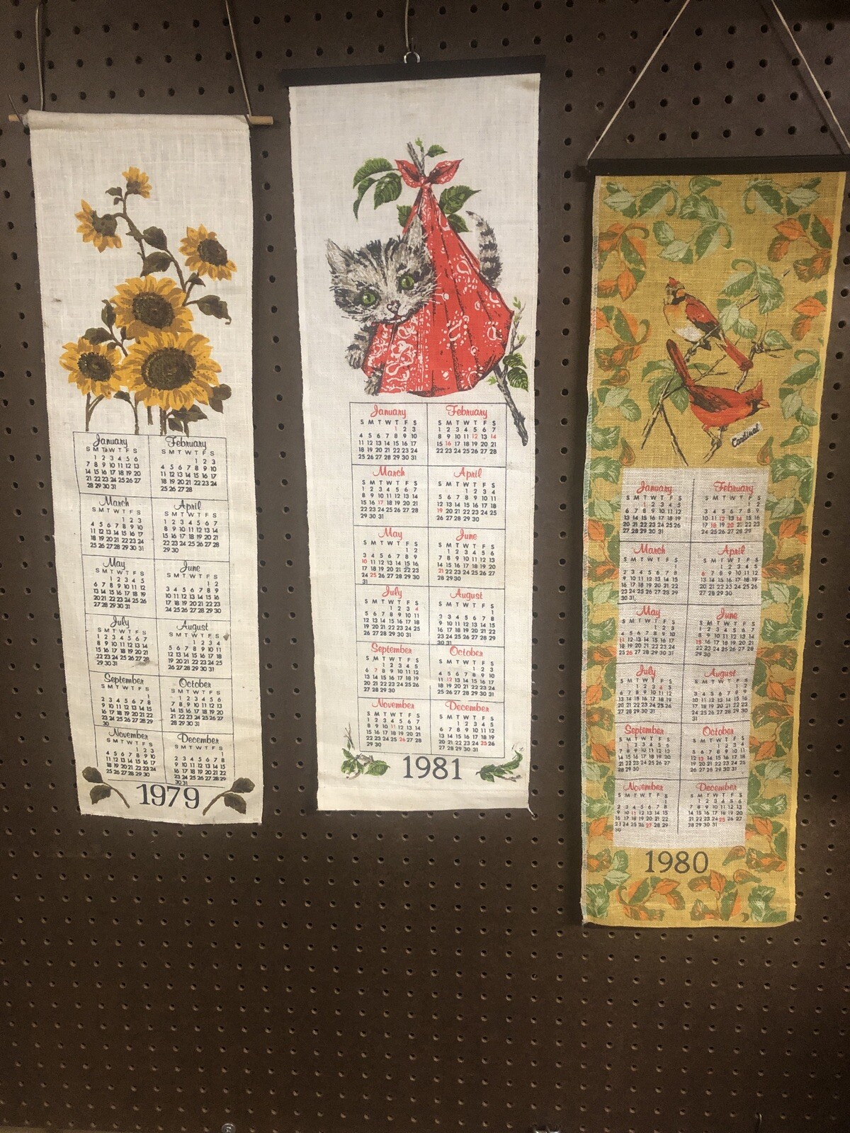 Vintage cloth calendars Lot of 3 1979 1980 1981featuring cat, sunflower ...