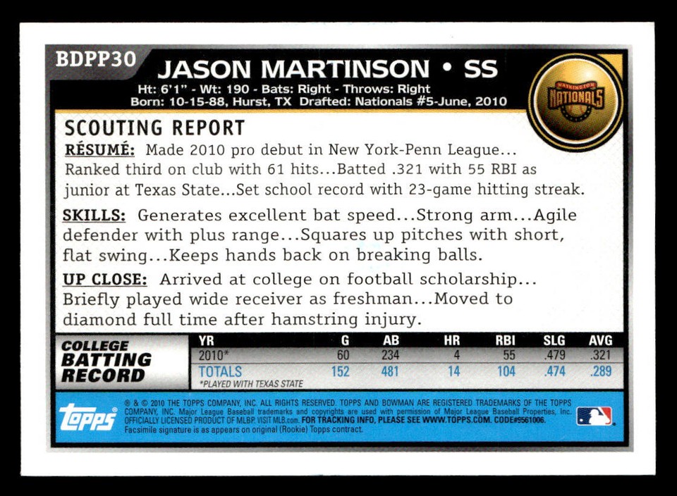 Jason Martinson signed auto 2010 Bowman Draft #BDPP30 card Washington ...