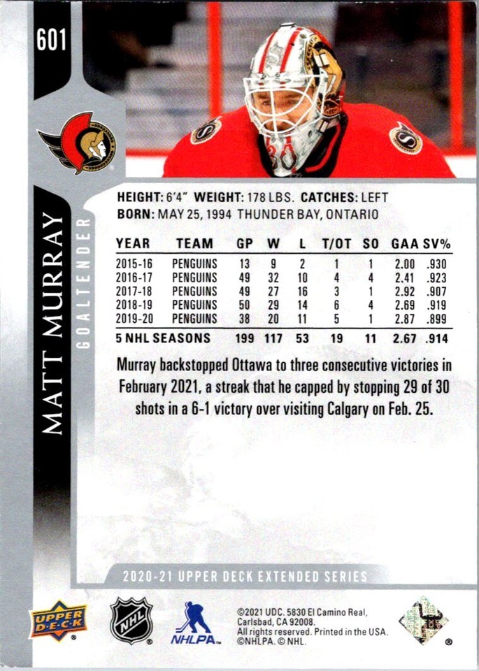 2020-21 Upper Deck Matt Murray #601 Ottawa Senators | eBay