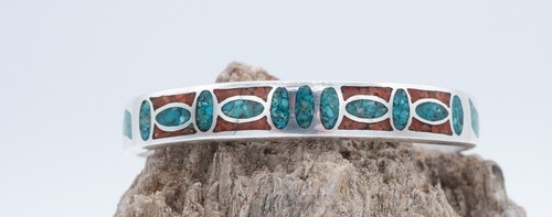 Sterling Silver 925 Native American Crushed Turquoise & Coral Inlay ...
