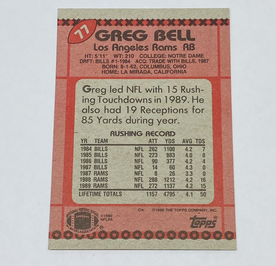 1990 Topps Greg Bell #77 Los Angeles Rams Football Card Tc4 | eBay UK