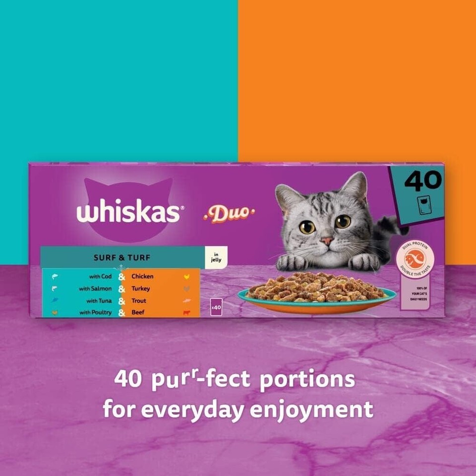 Whiskas Tasty Duo 1+ Surf and Turf in Jelly 40 x 85 g Pouches - Adult ...