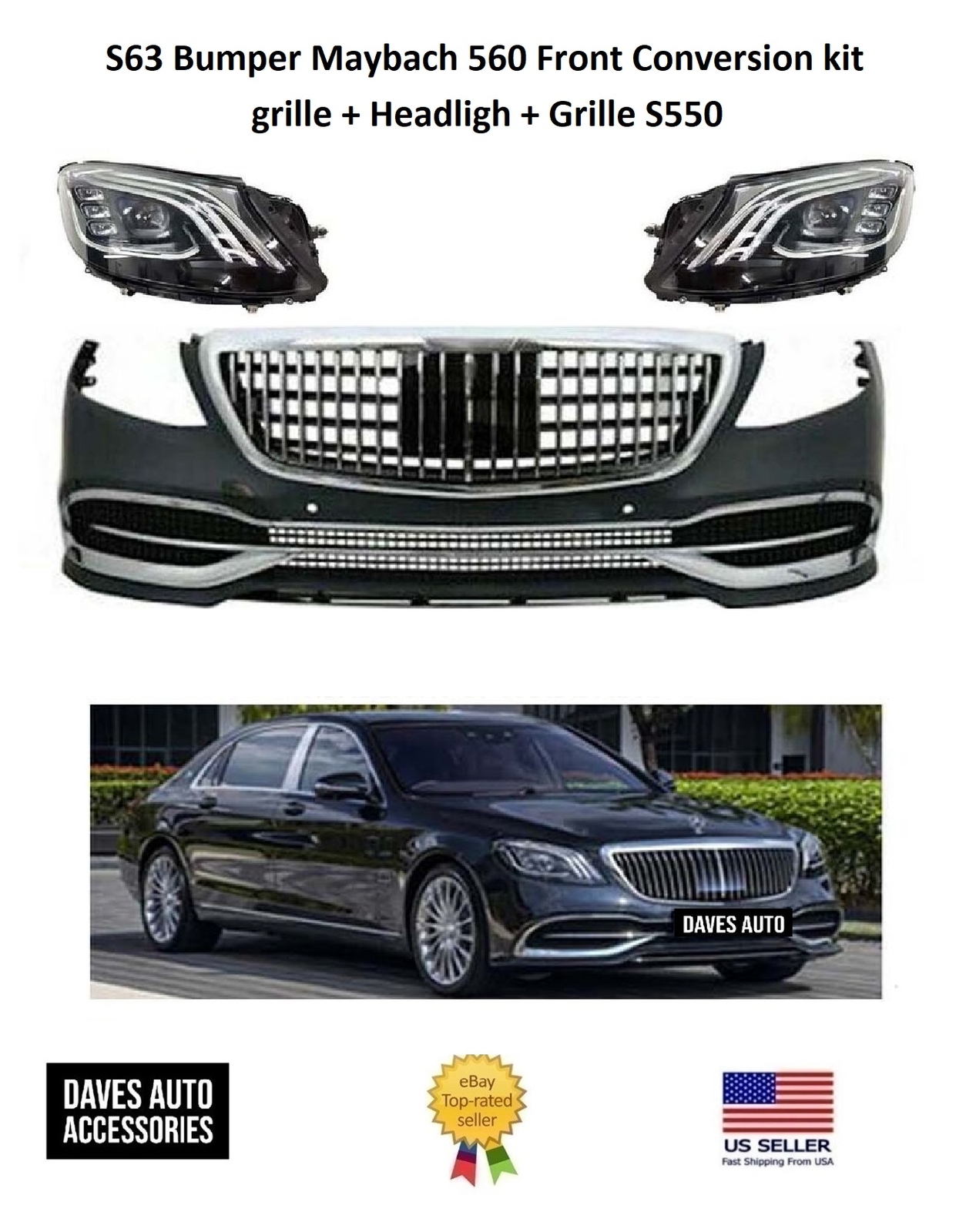 S63 Bumper Maybach 560 Front Conversion kit grille + Headligh + Grille ...