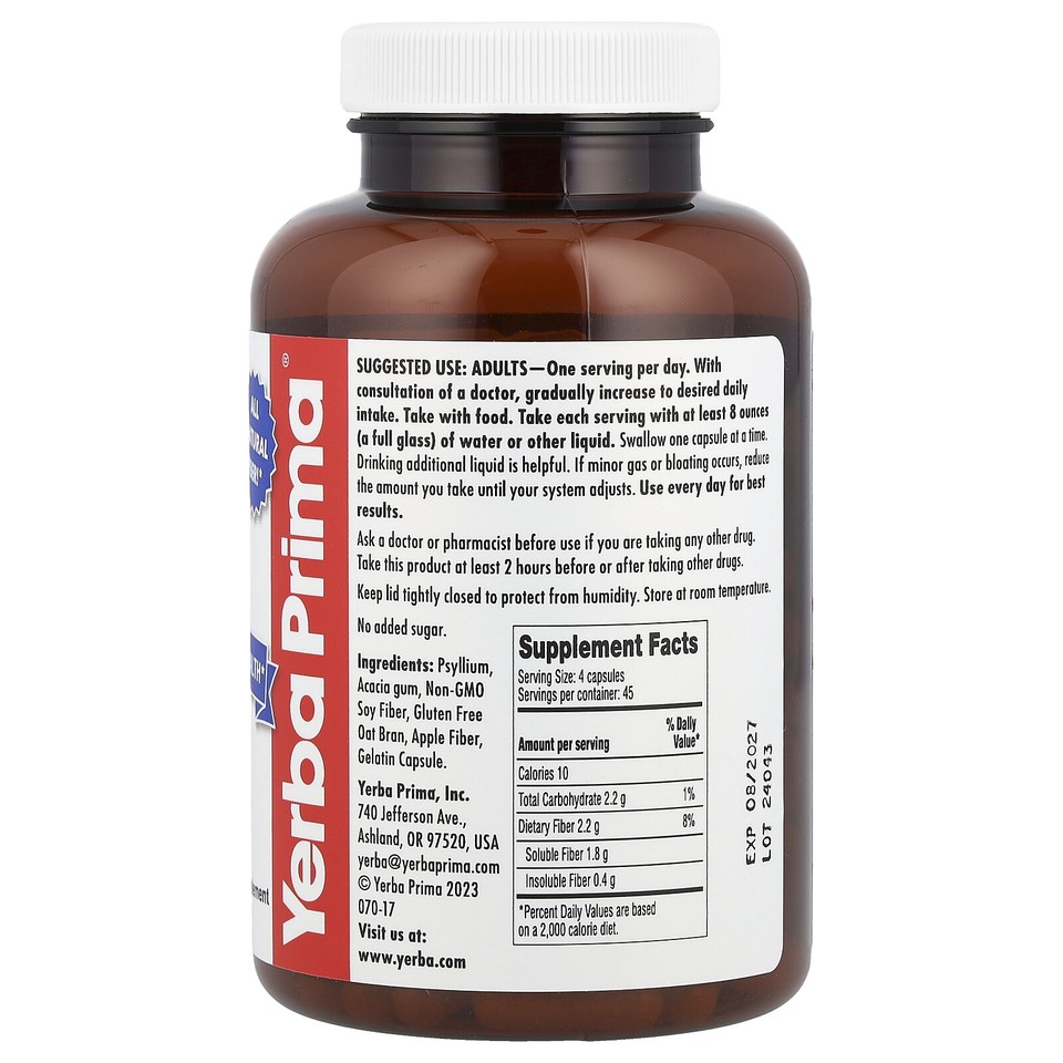 Yerba Prima Daily Fiber Caps 625 mg 180 Capsules All-Natural, GMP ...