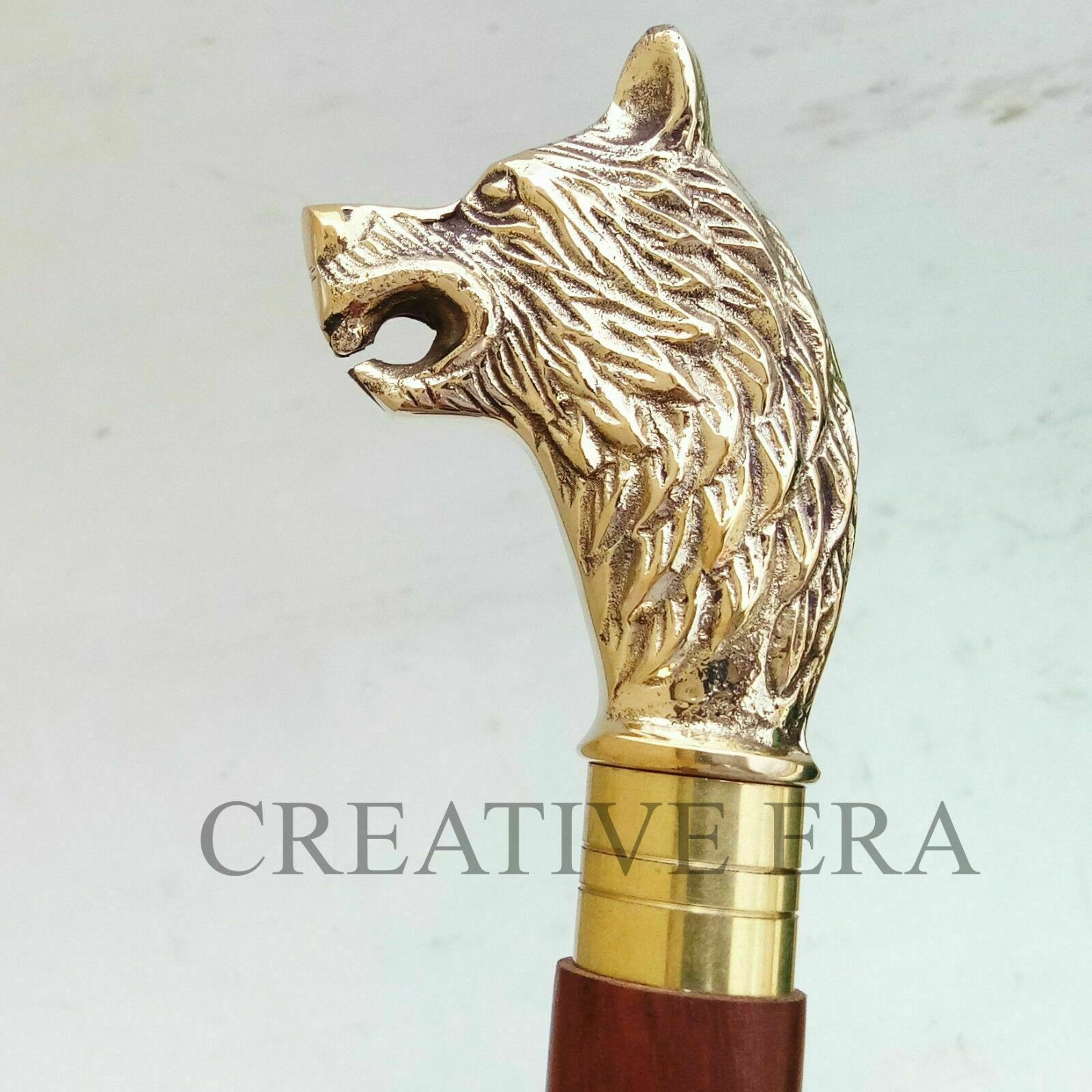 Brass WOLF HEAD Handle Victorian Style Wood Walking B… - Gem