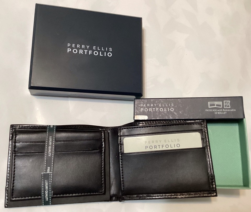 Perry Ellis Portfolio Black Leather mens Wallet Billfold With ID Holder ...