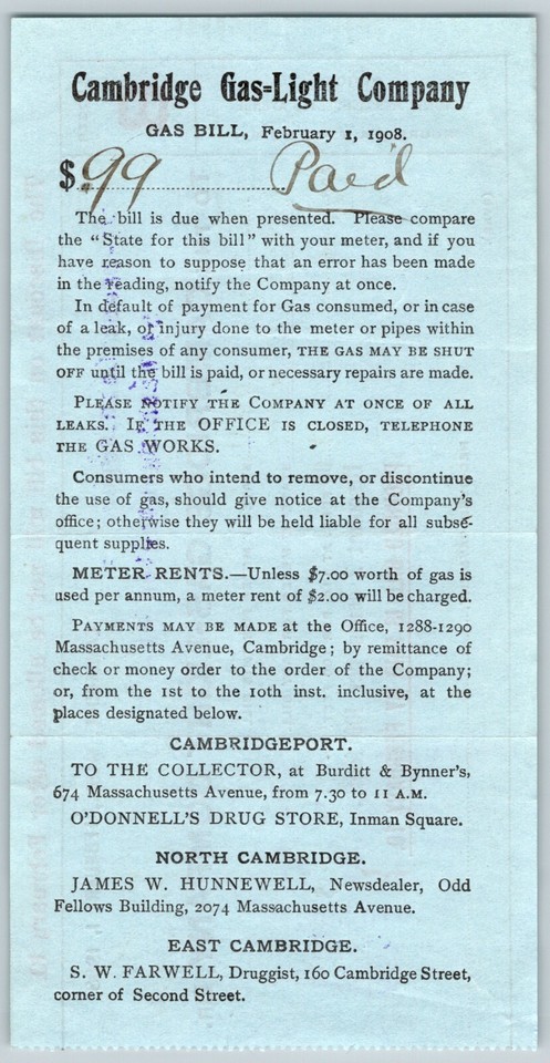Cambridge Gas Light Co. Feb. 1908 Bill Billhead Receipt Geo. M. Rogers ...