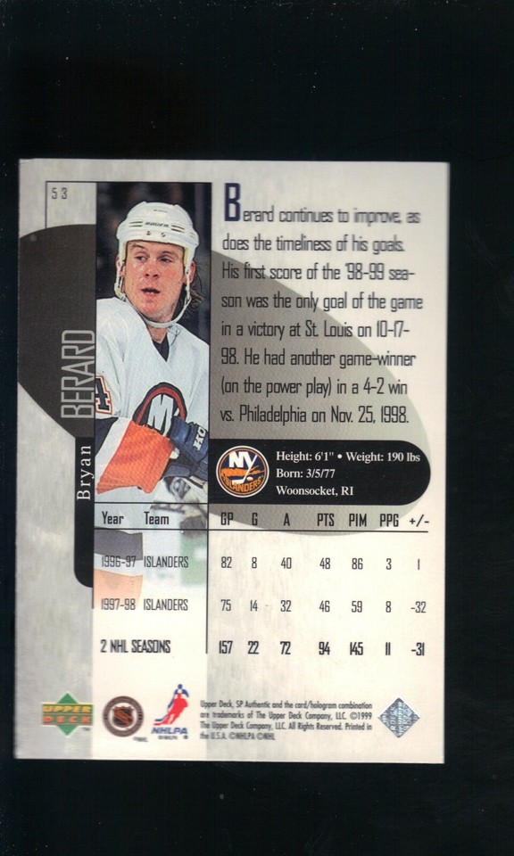 1999 UPPER DECK SP AUTHENTIC HOCKEY CARD BRYAN BERARD #53 NM-MT ...