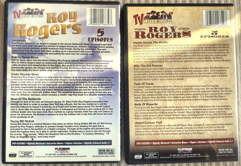 ROY ROGERS 5 DVD LOT; 14 FILMS, 1 New, 33 + Hours Run, Digitally ...