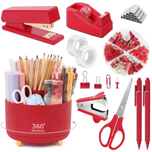 Red Office Supplies Set, Pencil Holder for Desk, Stapler, Tape ...