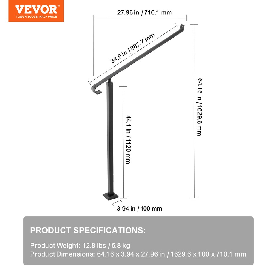 VEVOR Wrought Iron Handrail Railing for Stairs 2 Steps Handrail for ...