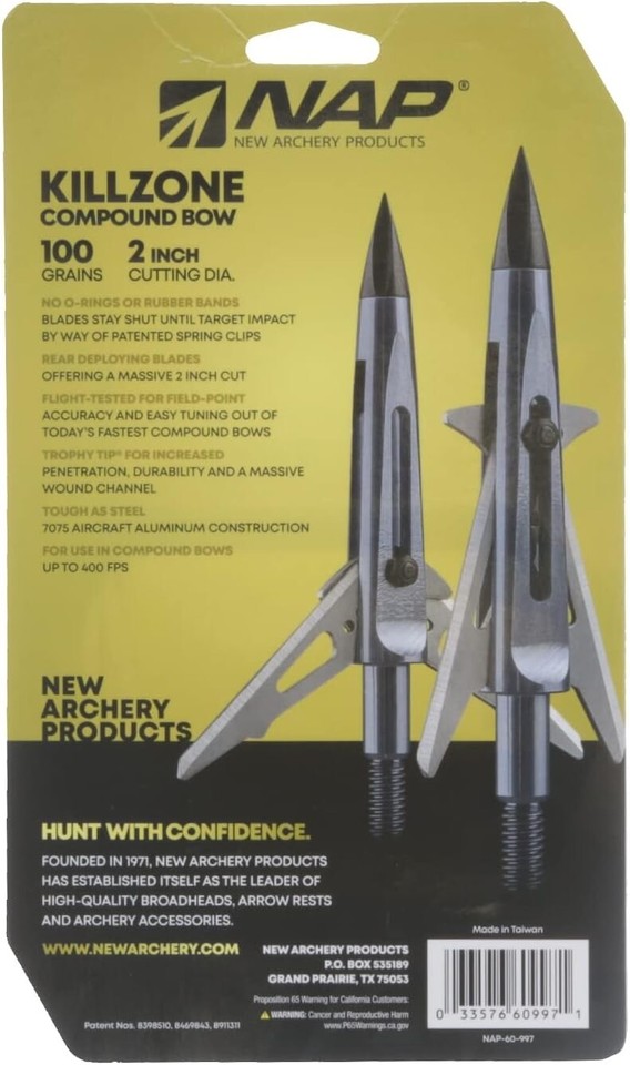 NAP Killzone 2-Blade Mechanical Broadheads, 2'' Cut, Spring-Clip Design ...