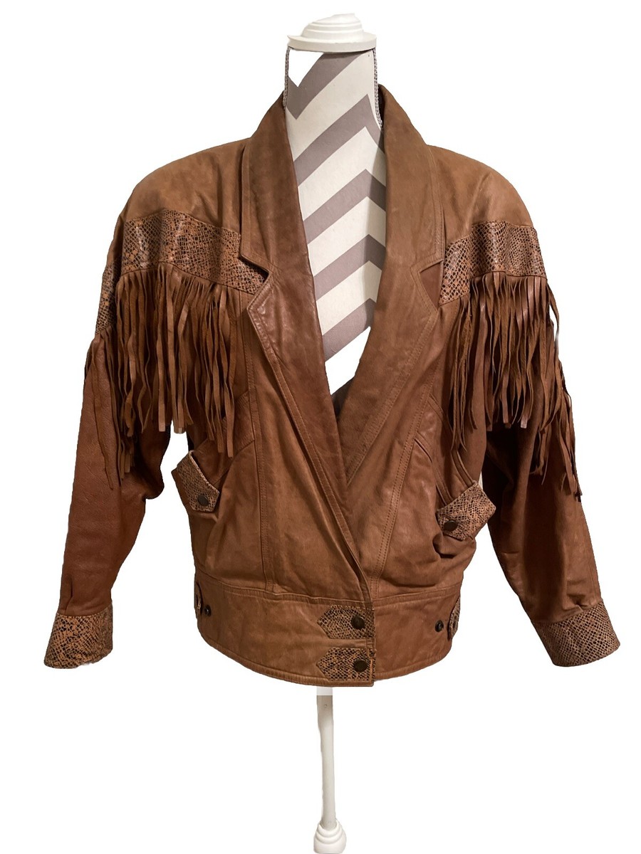 Vintage 80s LAURICE Genuine Brown Leather Fringe Snake Trim Vintage 80s LAURICE Genuine Brown Leather Fringe Snake Trim