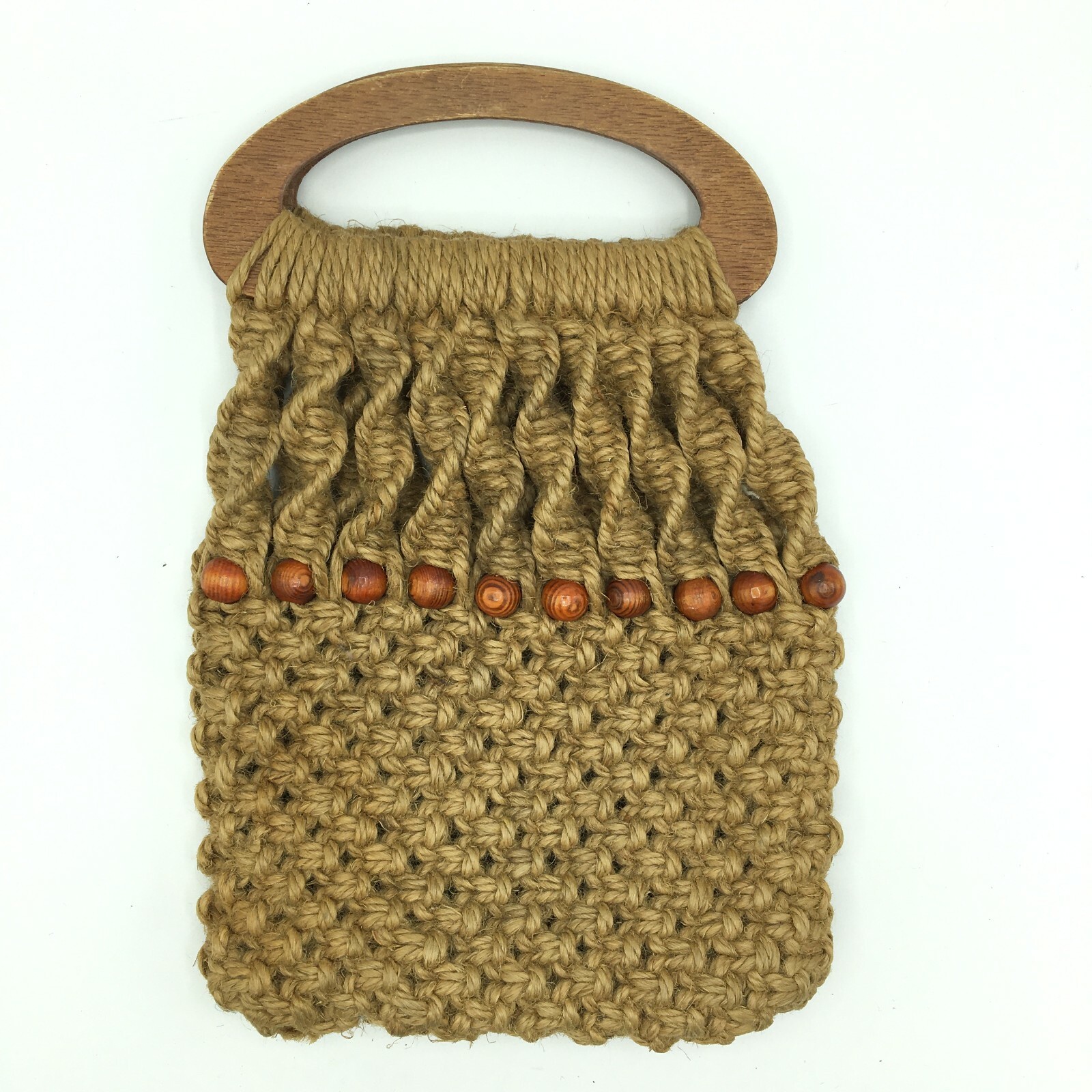 Vintage Macrame Braided Twist Tan Jute Beaded Handbag… - Gem