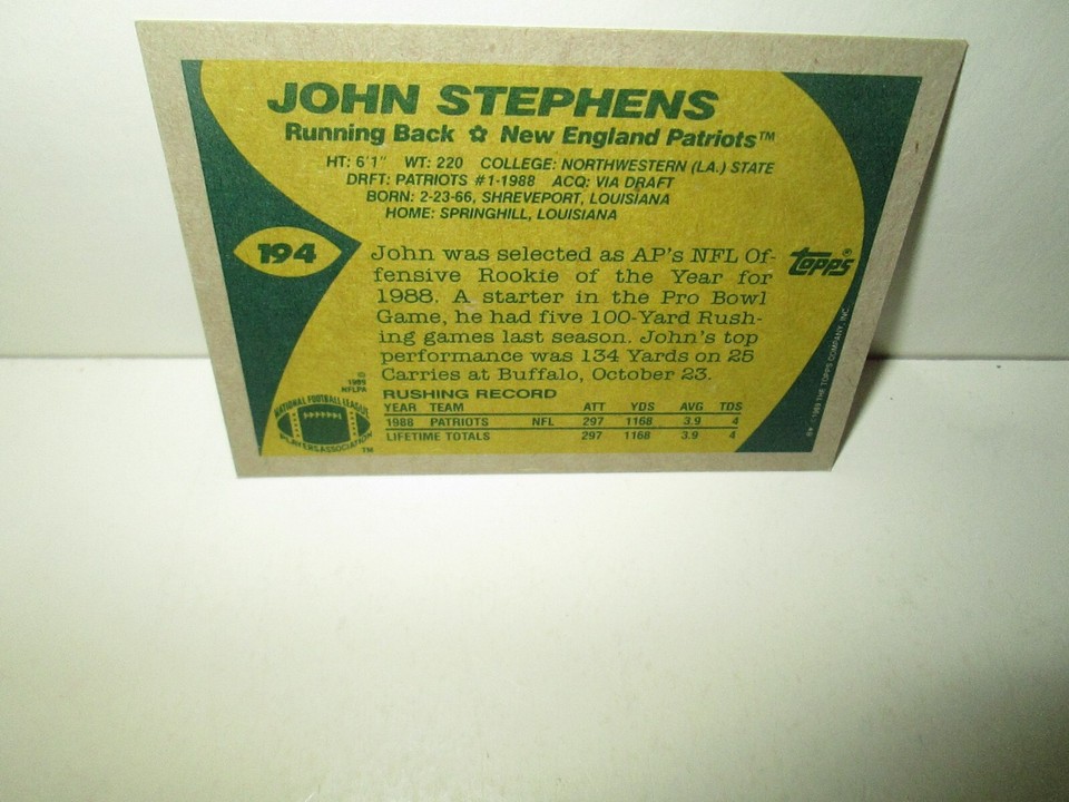 JOHN STEPHENS 1989 FOOTBALL CARD Topps #194 Super Rookie NEW ENGLAND ...