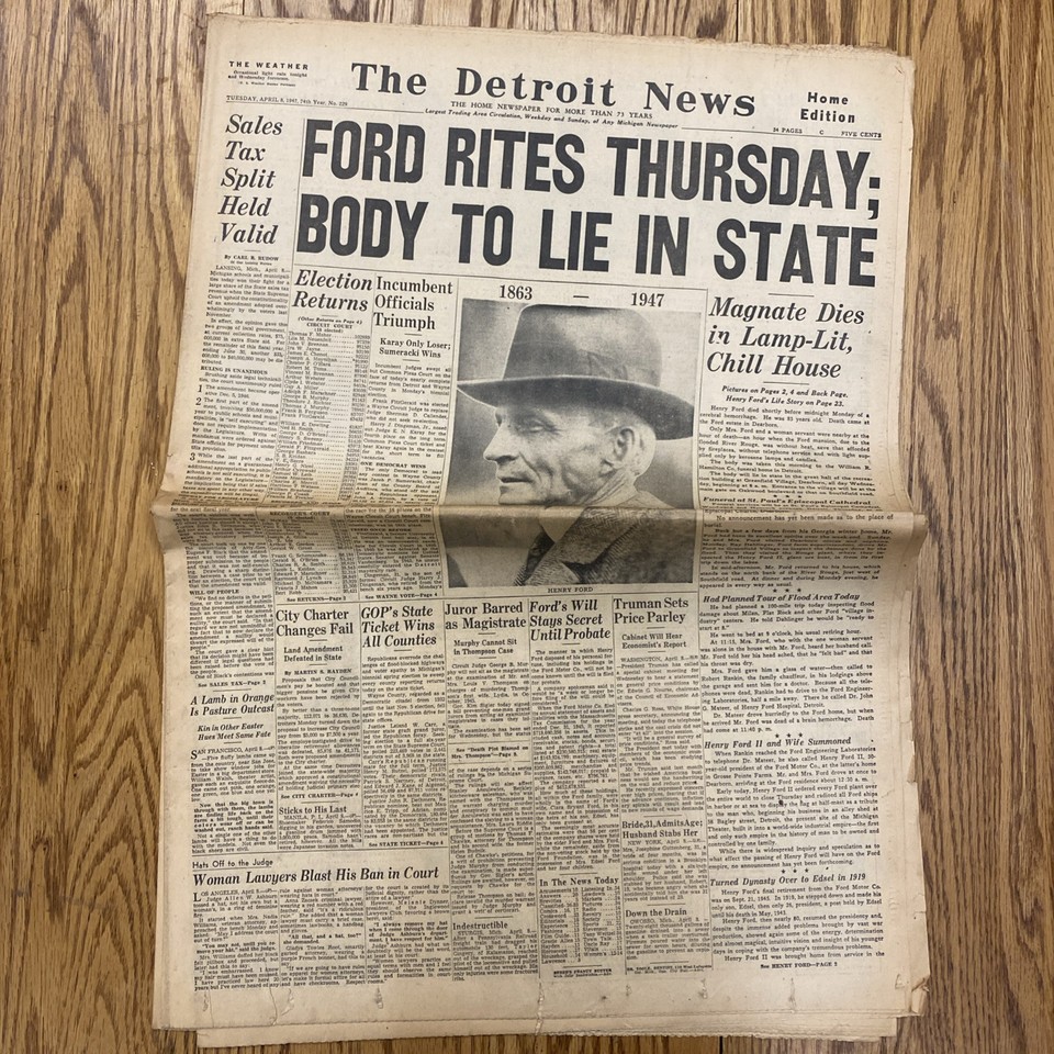 HENRY FORD DIES 🚨The Detroit News - April 8, 1947 Vintage Newspaper ...