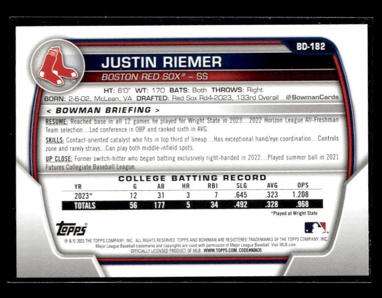 2023 Bowman Draft #BD-182 Justin Riemer Aqua/Pink Gradient #/199 Boston ...