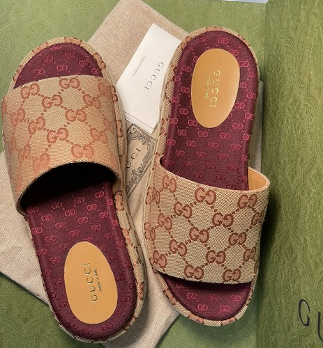 GUCCI Canvas GG Monogram Angelina Platform Slide Sandals sz 36.5 | eBay