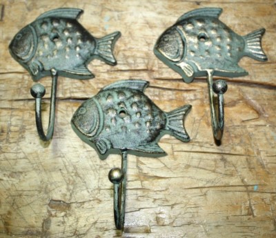 3 Cast Iron Antique Style SUN FISH Coat Hooks Hat Hook Rack Towel ...